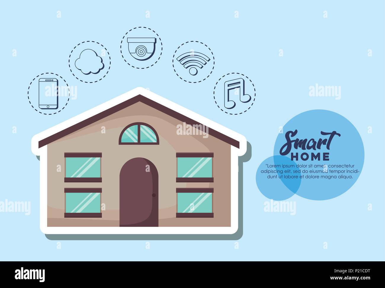 smart home design with modern house and related icons around over blue ...