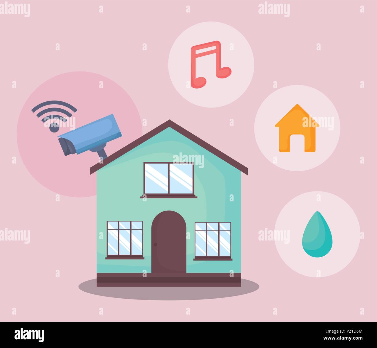 Modern house with smart home related icons over pink background ...