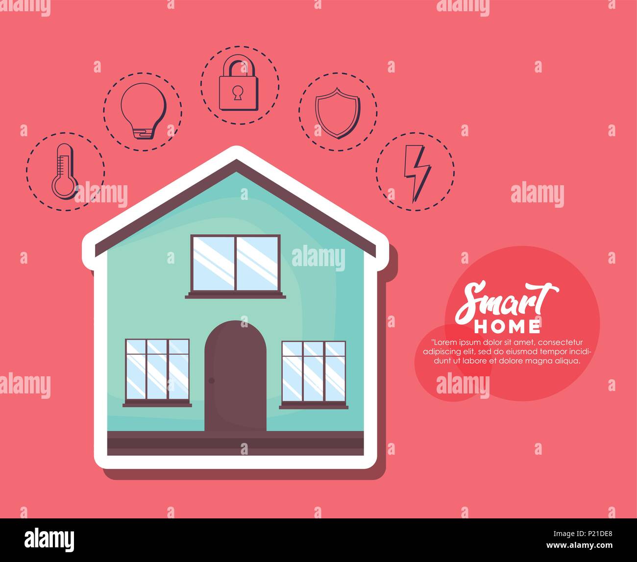 Smart home design with modern house and related icons around over red ...