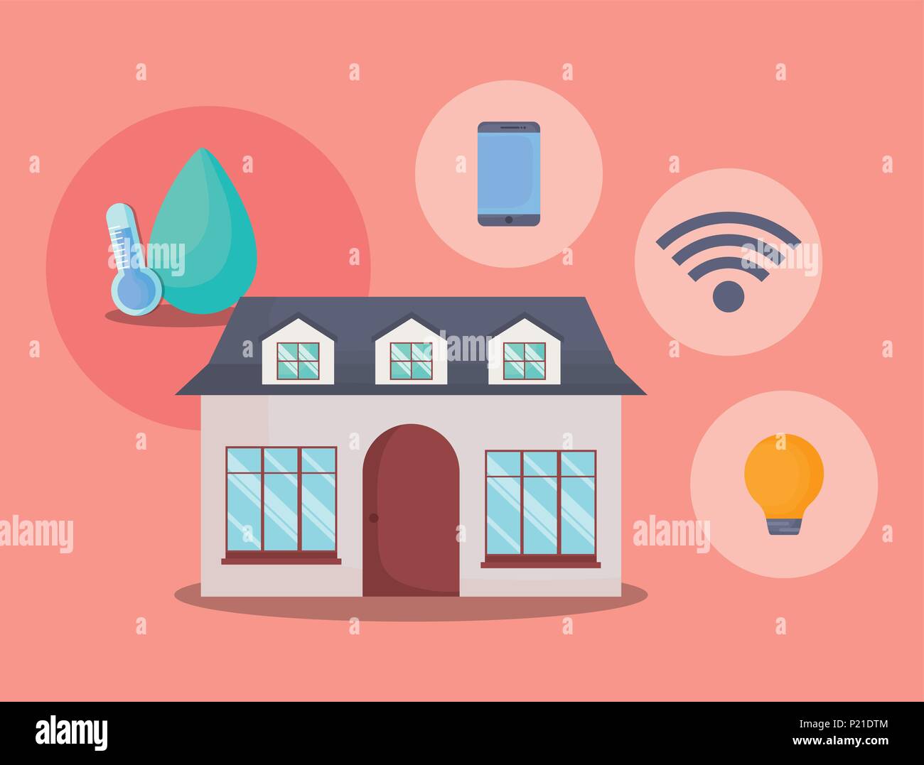 Modern house with smart home related icons over red background ...