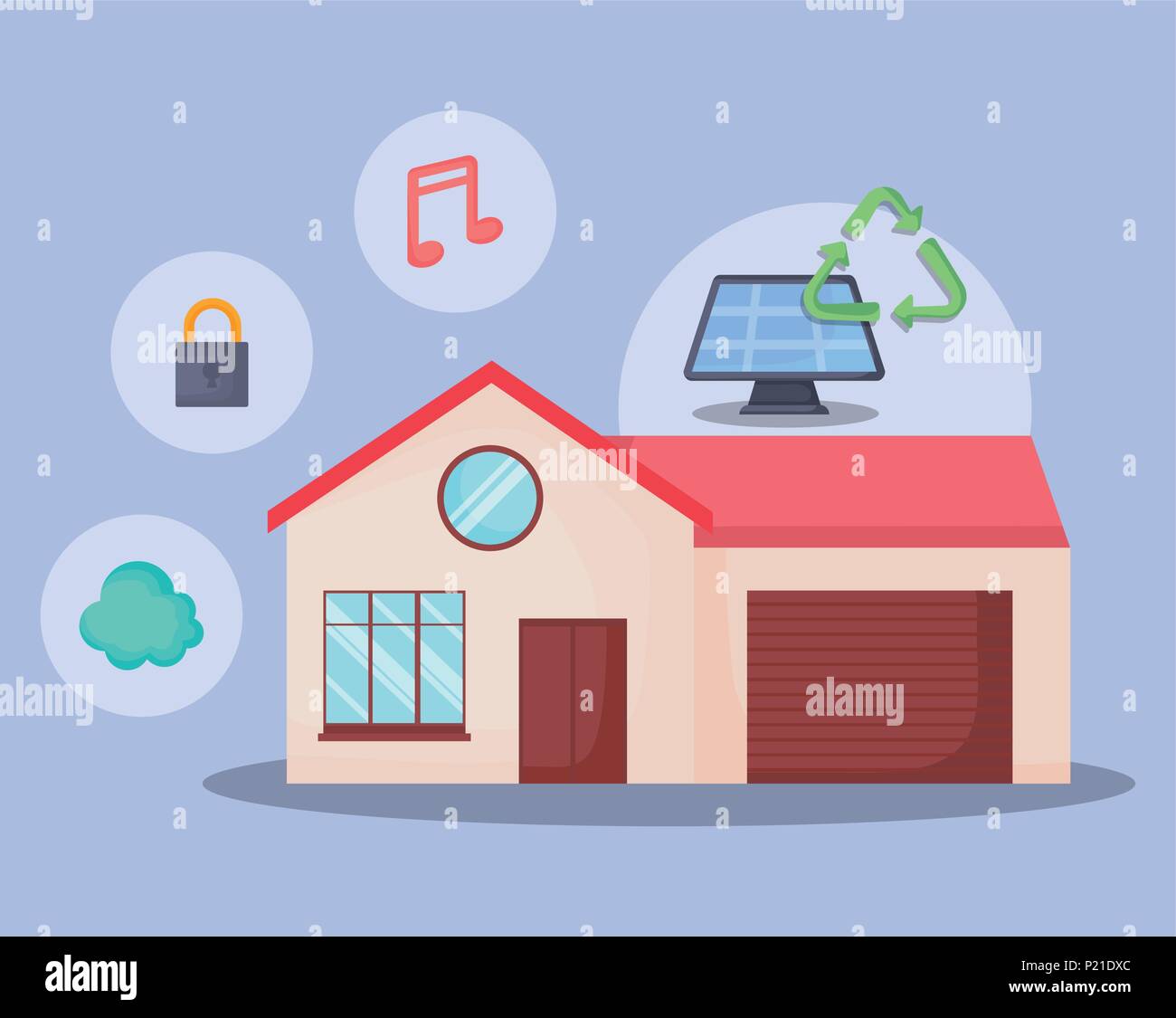 Modern house with smart home related icons over purple background ...