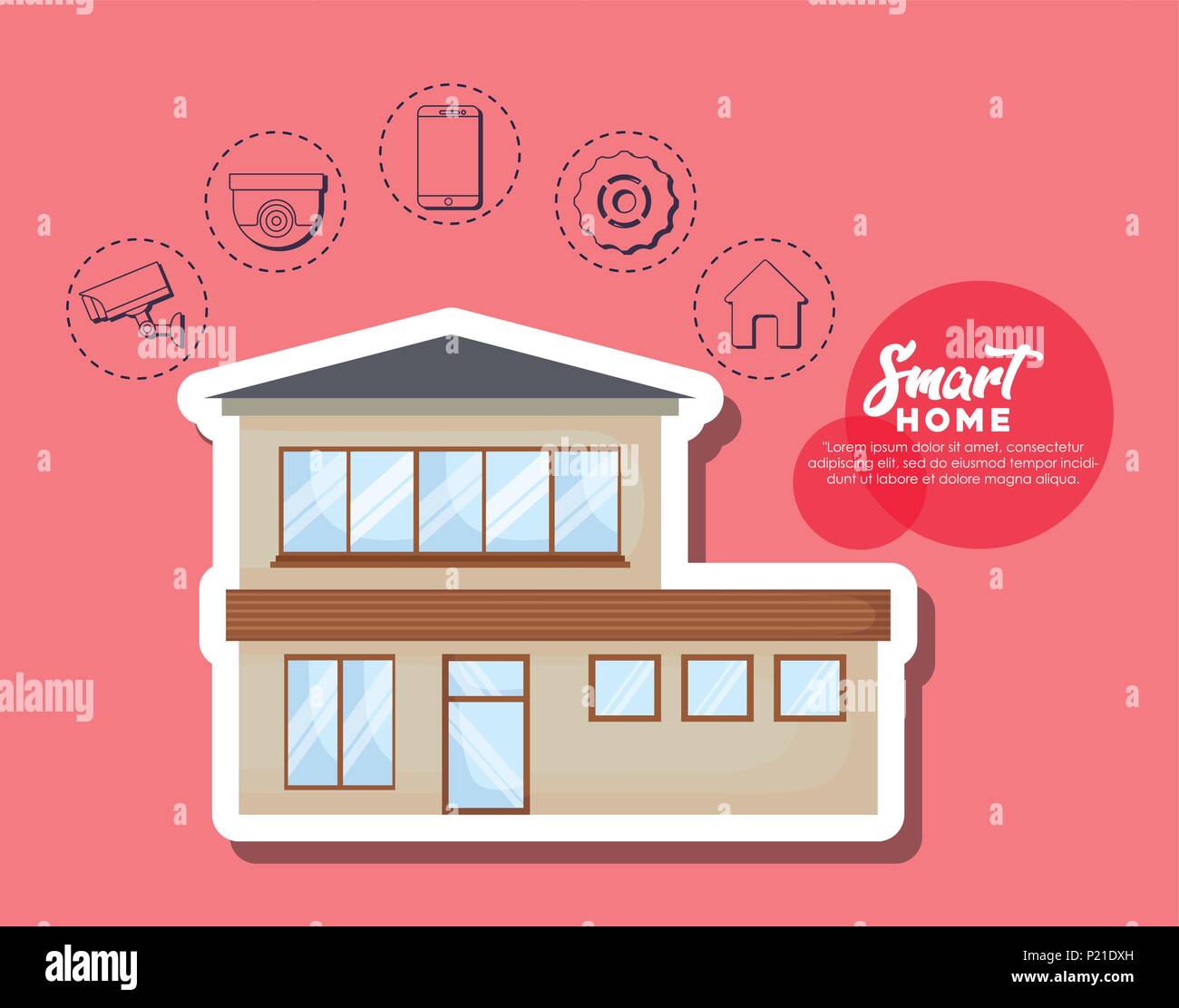 Modern house with smart home related icons over red background ...