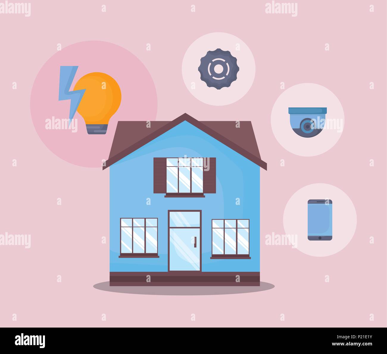 Modern house with smart home related icons over pink background ...