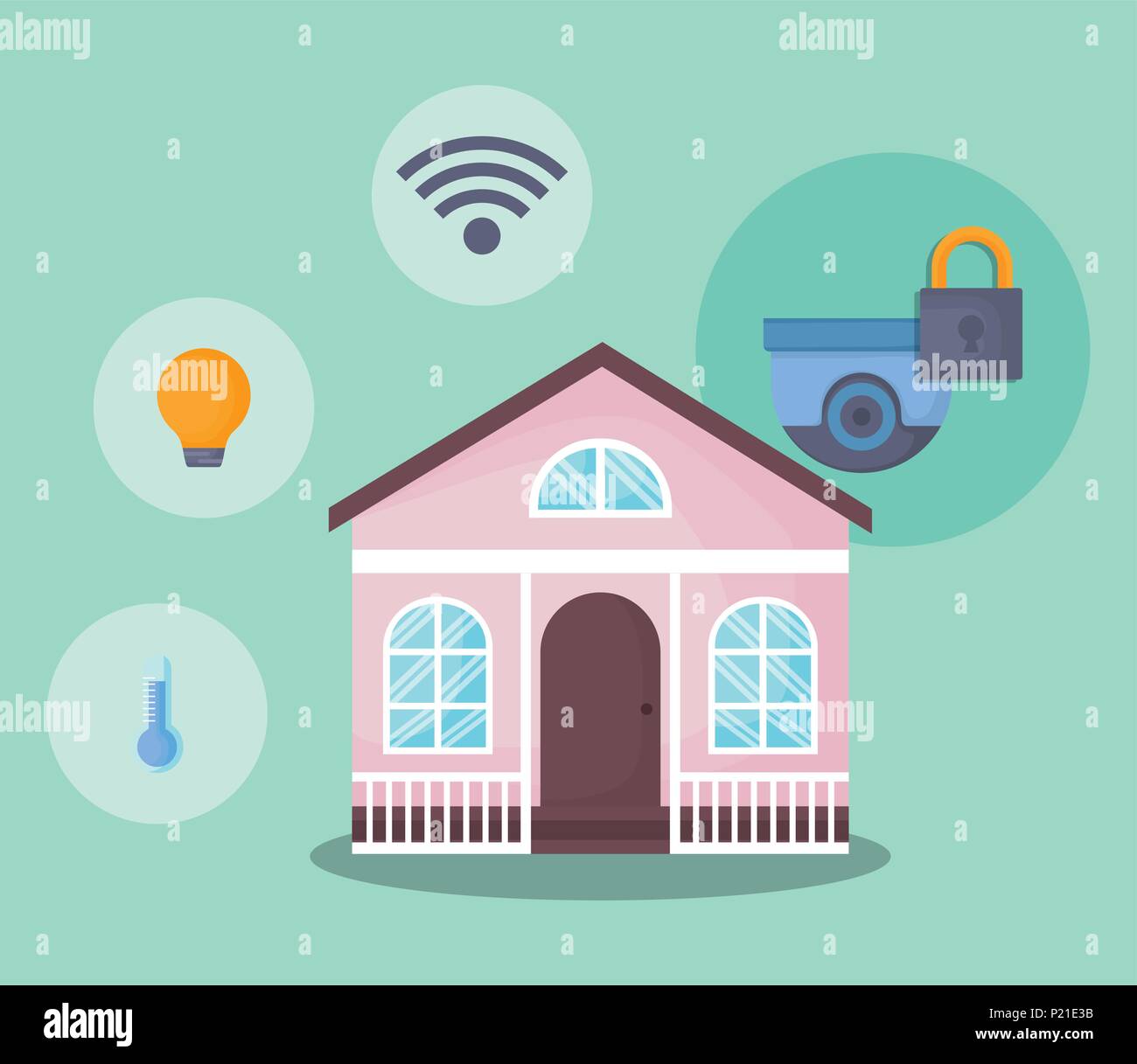 Modern house with smart home related icons over green background ...