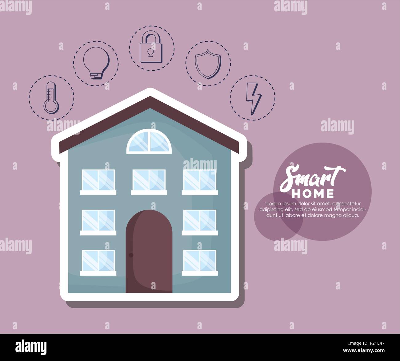 Modern house with smart home related icons over purple background ...
