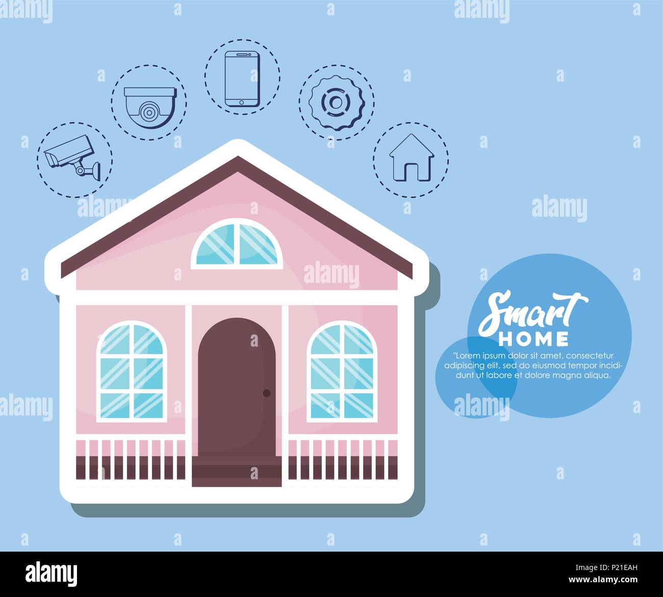 Smart home design with modern house and related icons around over blue ...