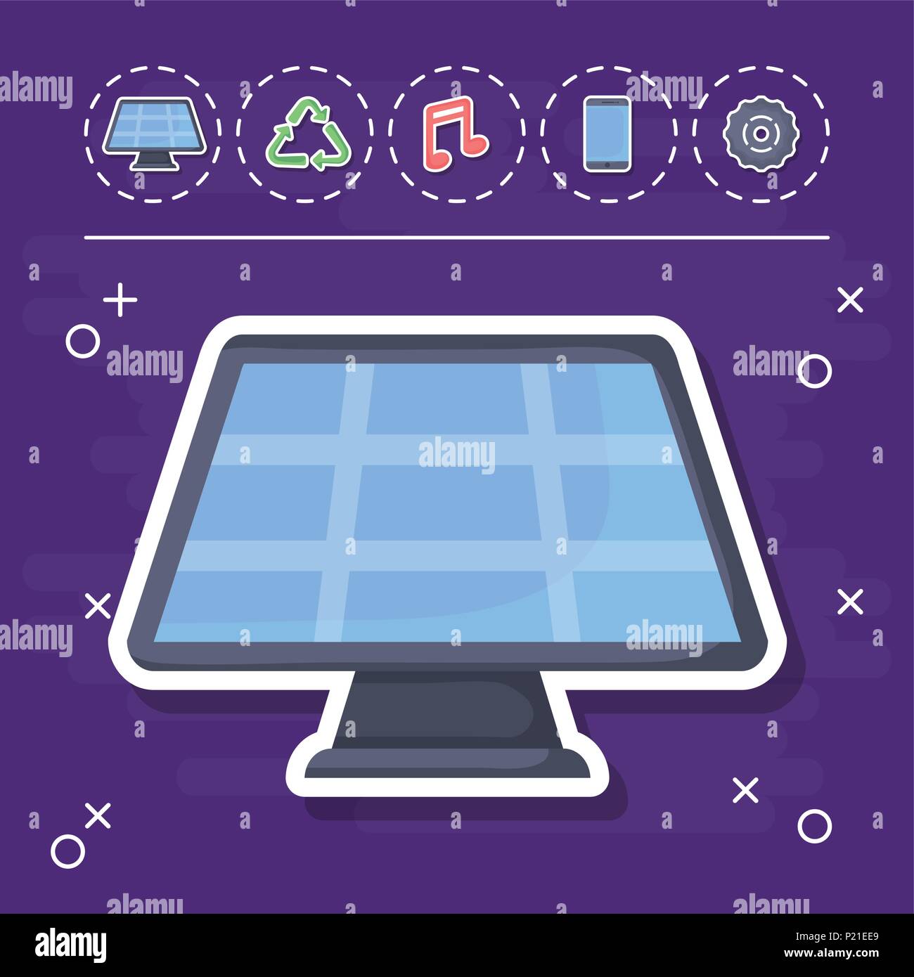 solar panel with smart house related icons over purple background ...