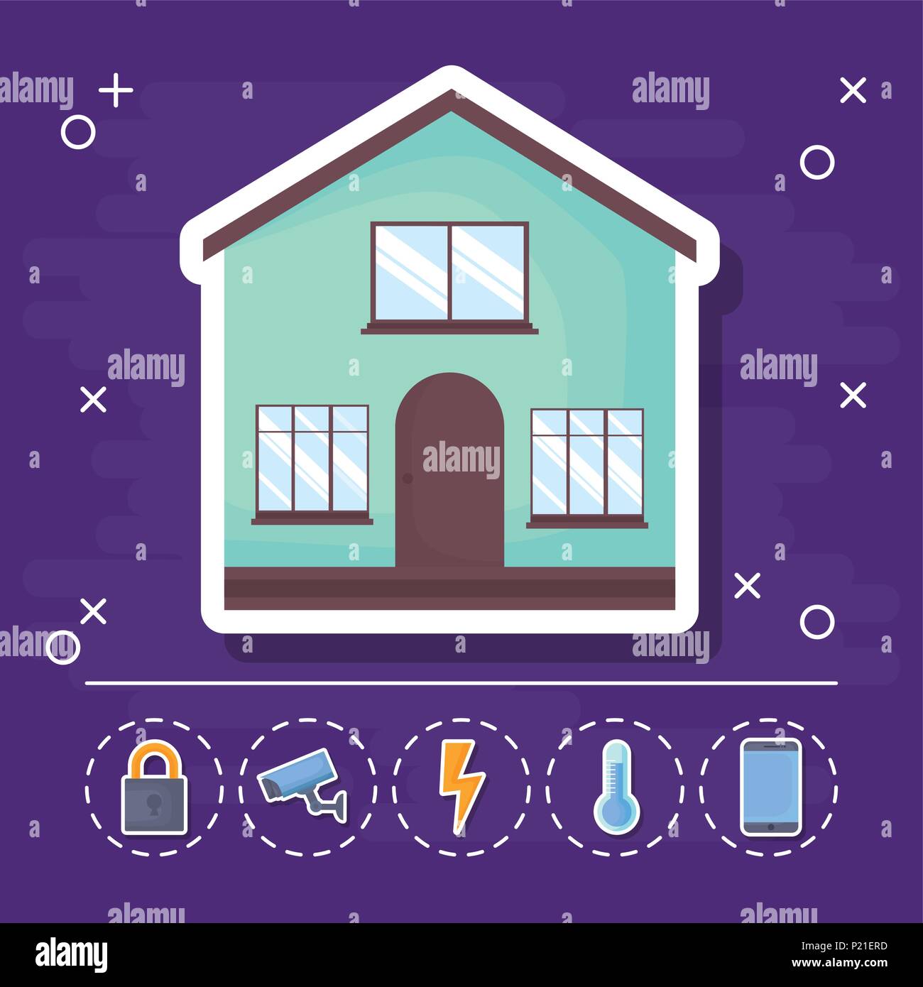 house icon with smart house related icons over purple background ...