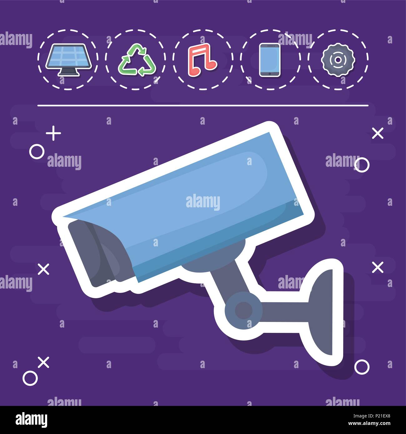 security camera with smart house related icons over purple background ...