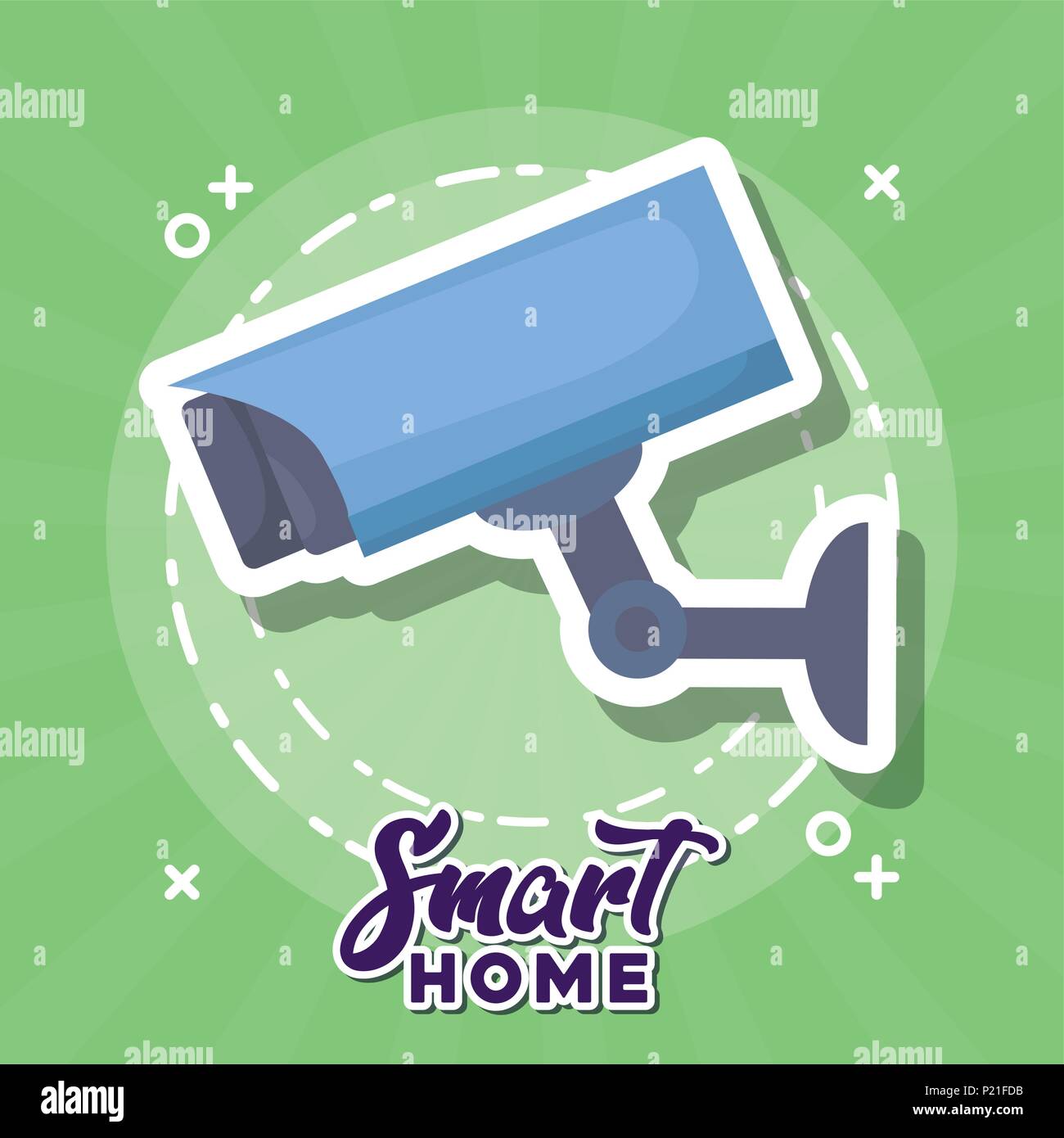Smart home design with security camera icon over green background ...