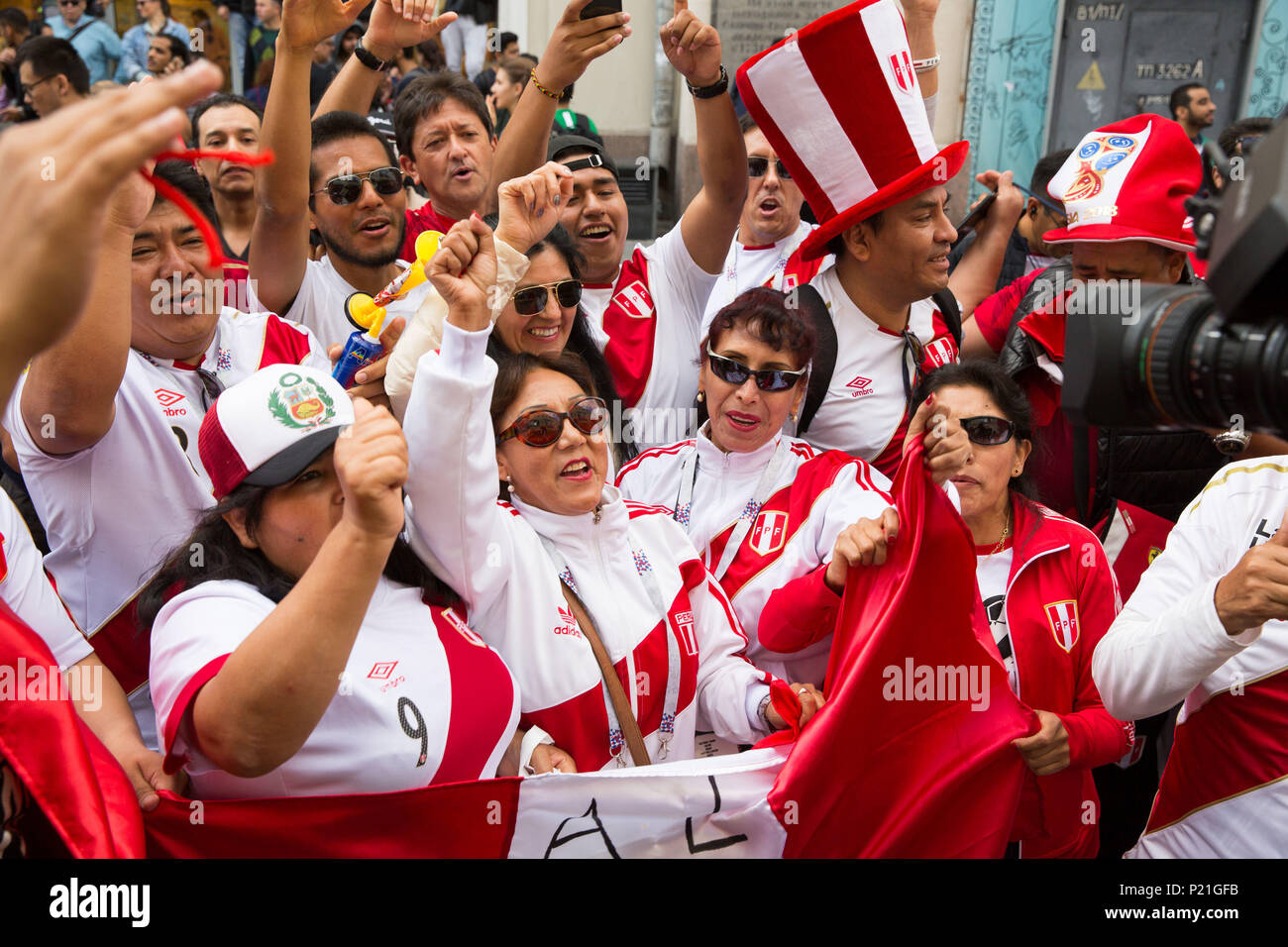 Supporters of the Peruvian national football team in the street near ...