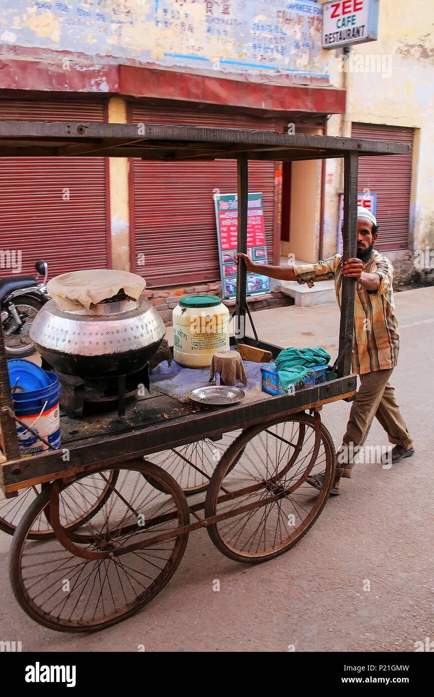 Local man pushing food cart in Taj Ganj neighborhood of Agra, Uttar ...