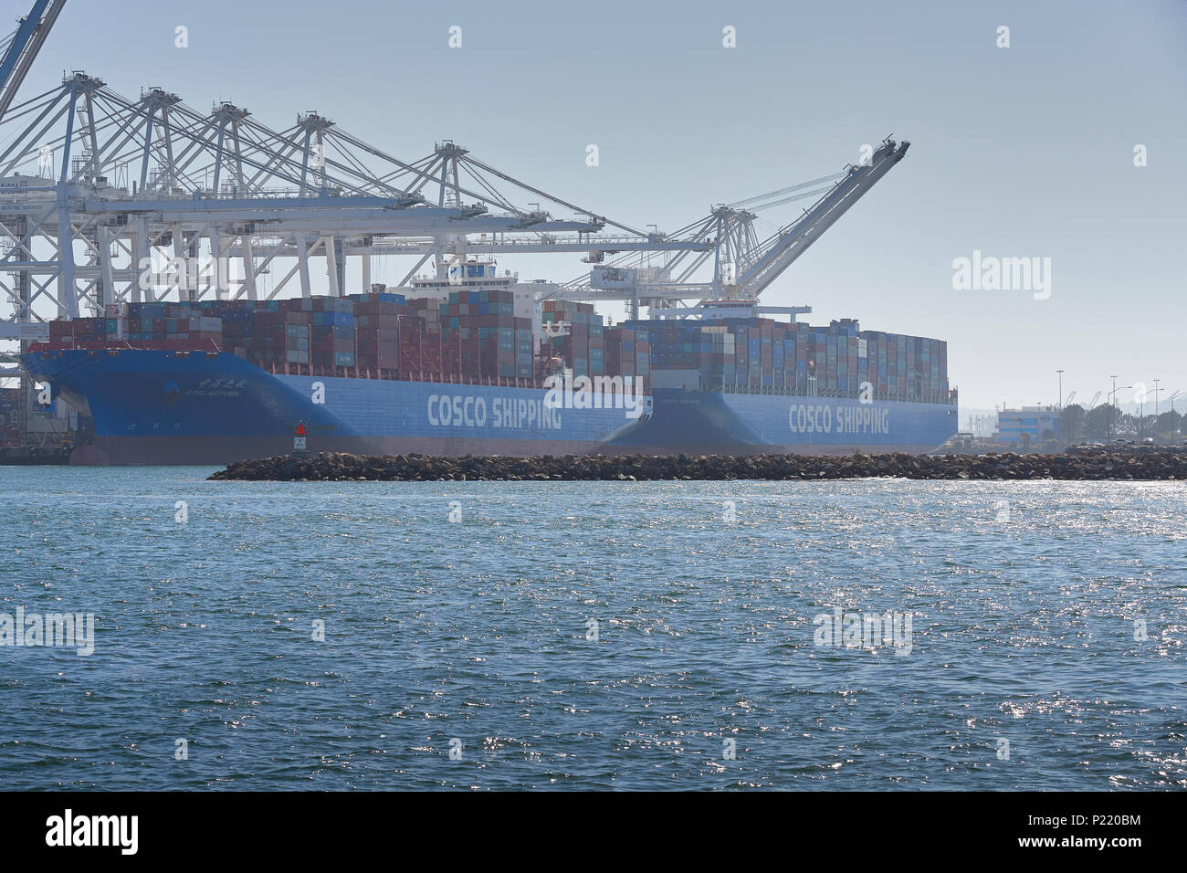Two Large COSCO SHIPPING Container Ships Moored And Unloading In The ...