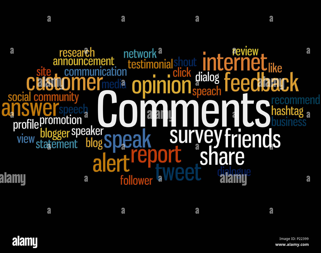 Comments, word cloud concept on black background Stock Photo - Alamy
