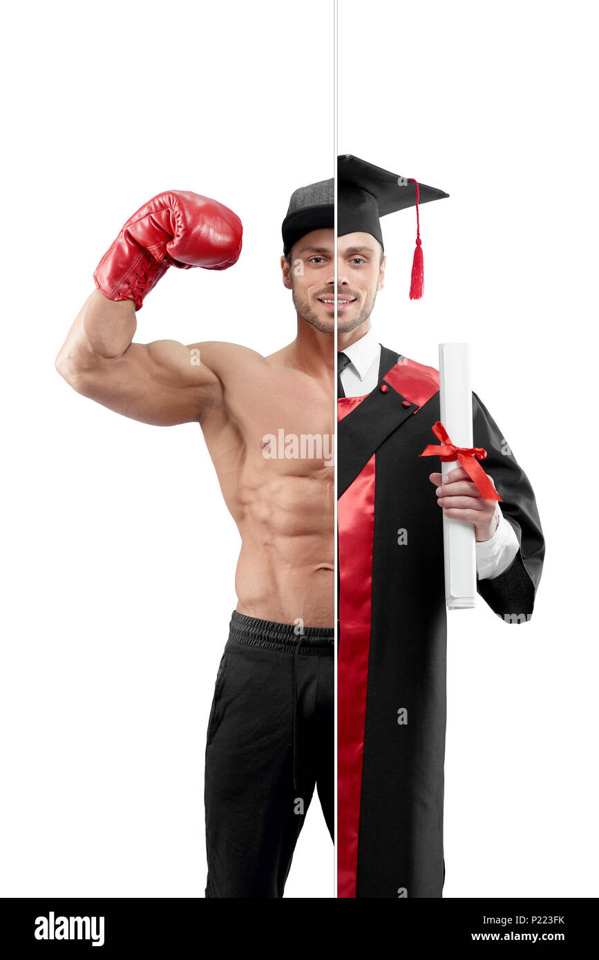 Photo comparison of university's graduate and boxer's outlook. Student ...