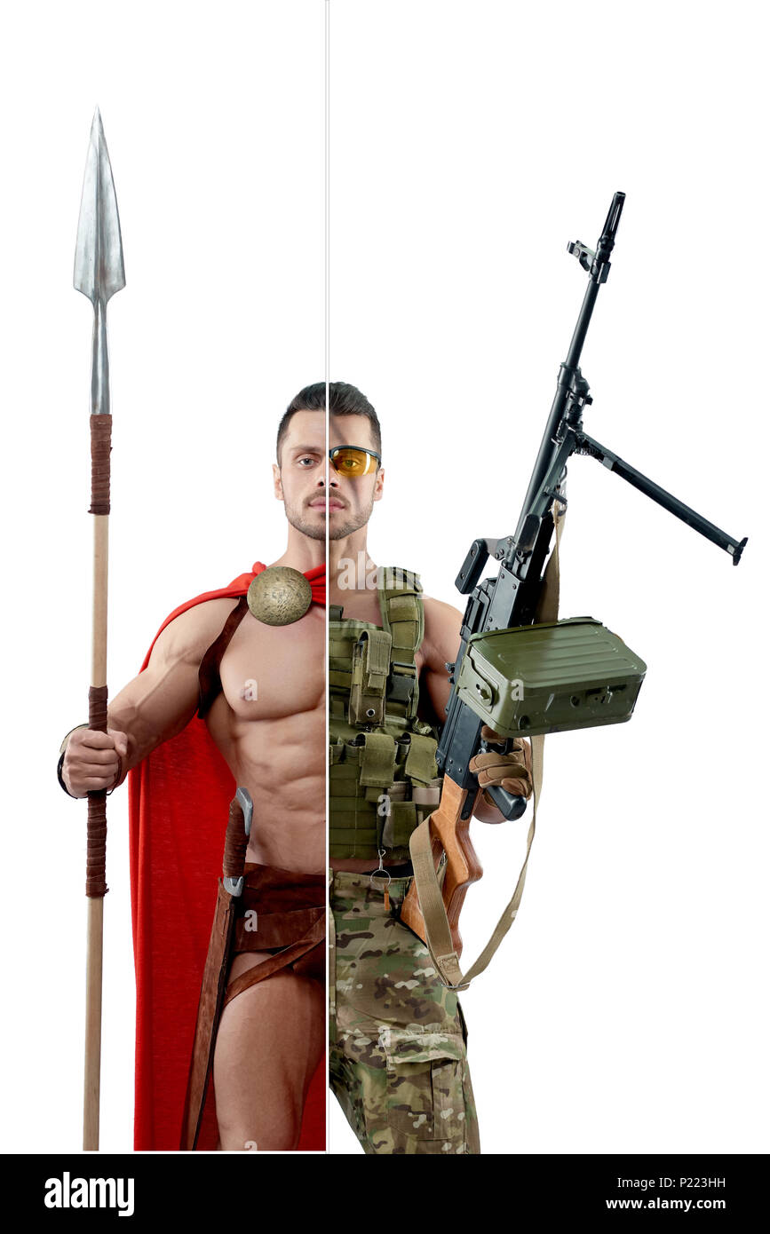 Comparison of ancient and modern warriors outfit. Modern soldier ...