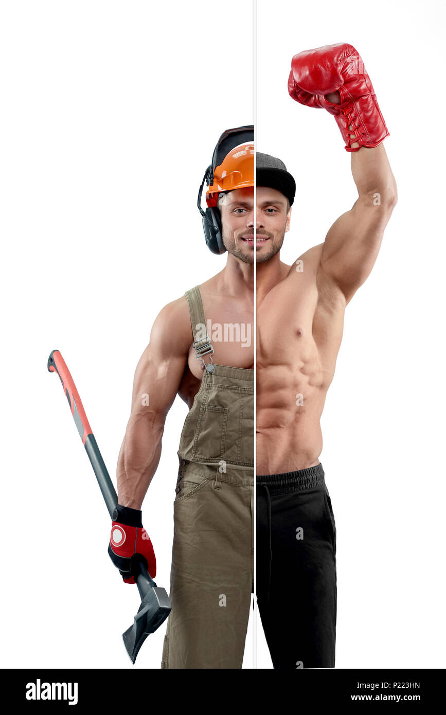 Photo comparison of boxer and woodcutter professions. Boxer wearing ...