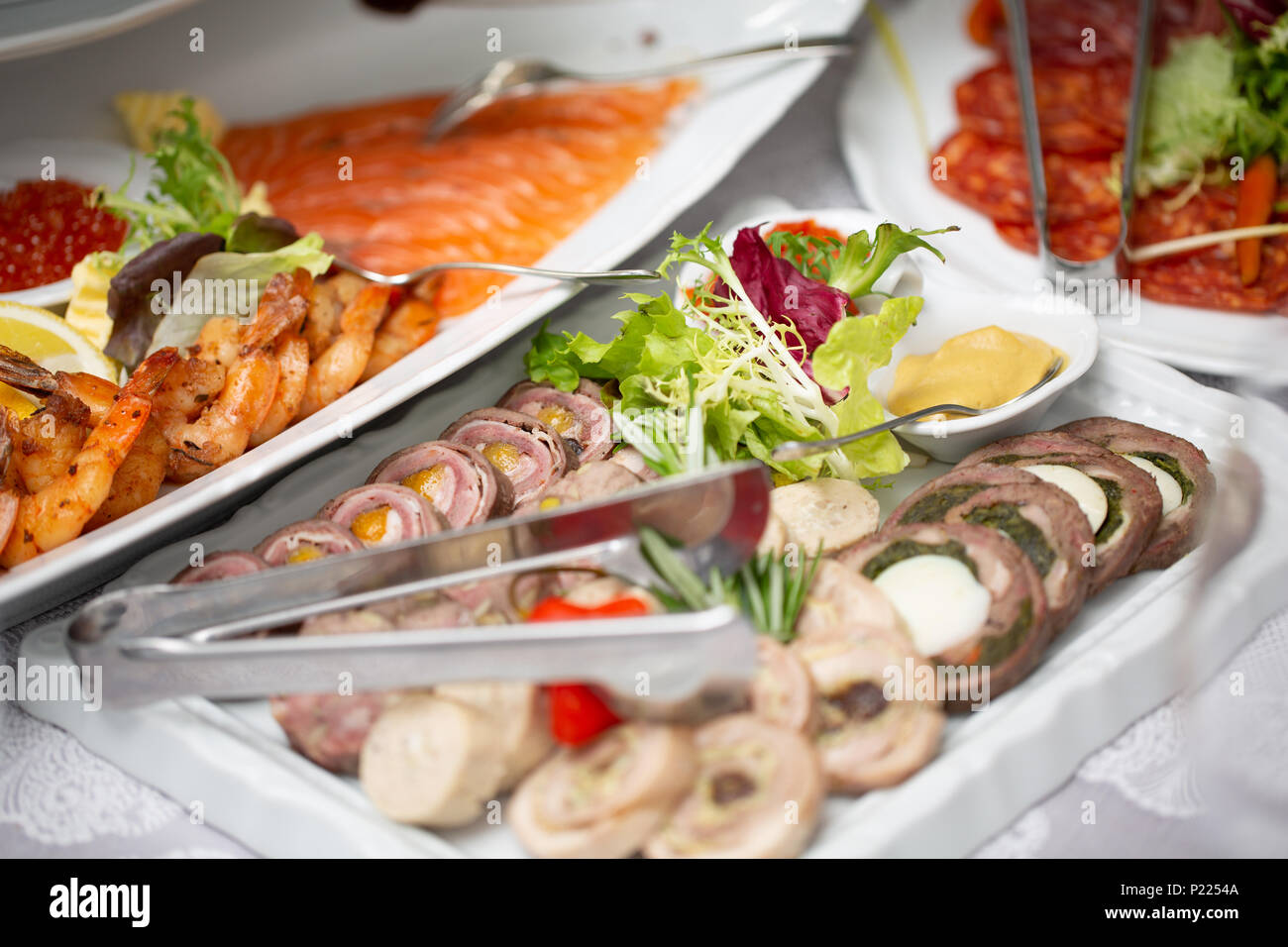 Breakfast meals variety in restaurant flat lay. Top view on buffet ...