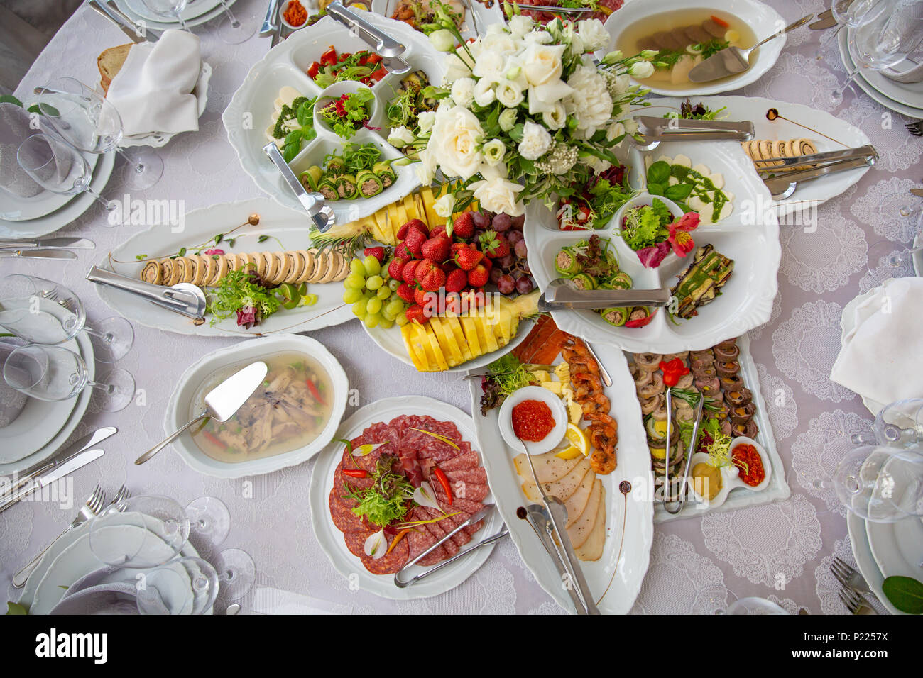 Breakfast meals variety in restaurant flat lay. Top view on buffet ...