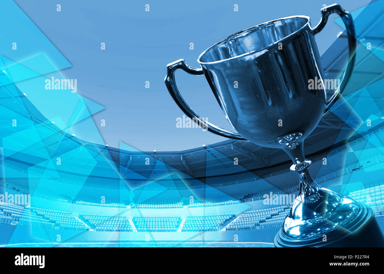 Blue theme trophy with abstract triangle pattern on background stadium ...