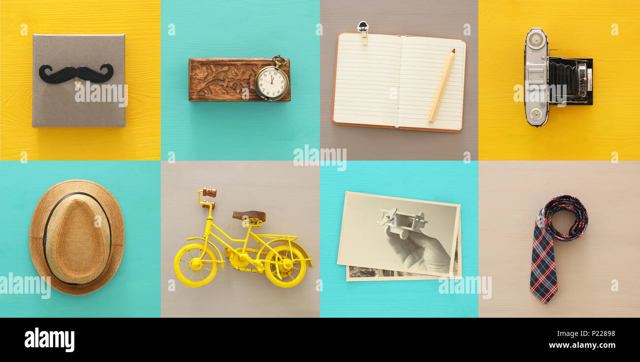 top view collage with man life style objects. Father's day concept ...