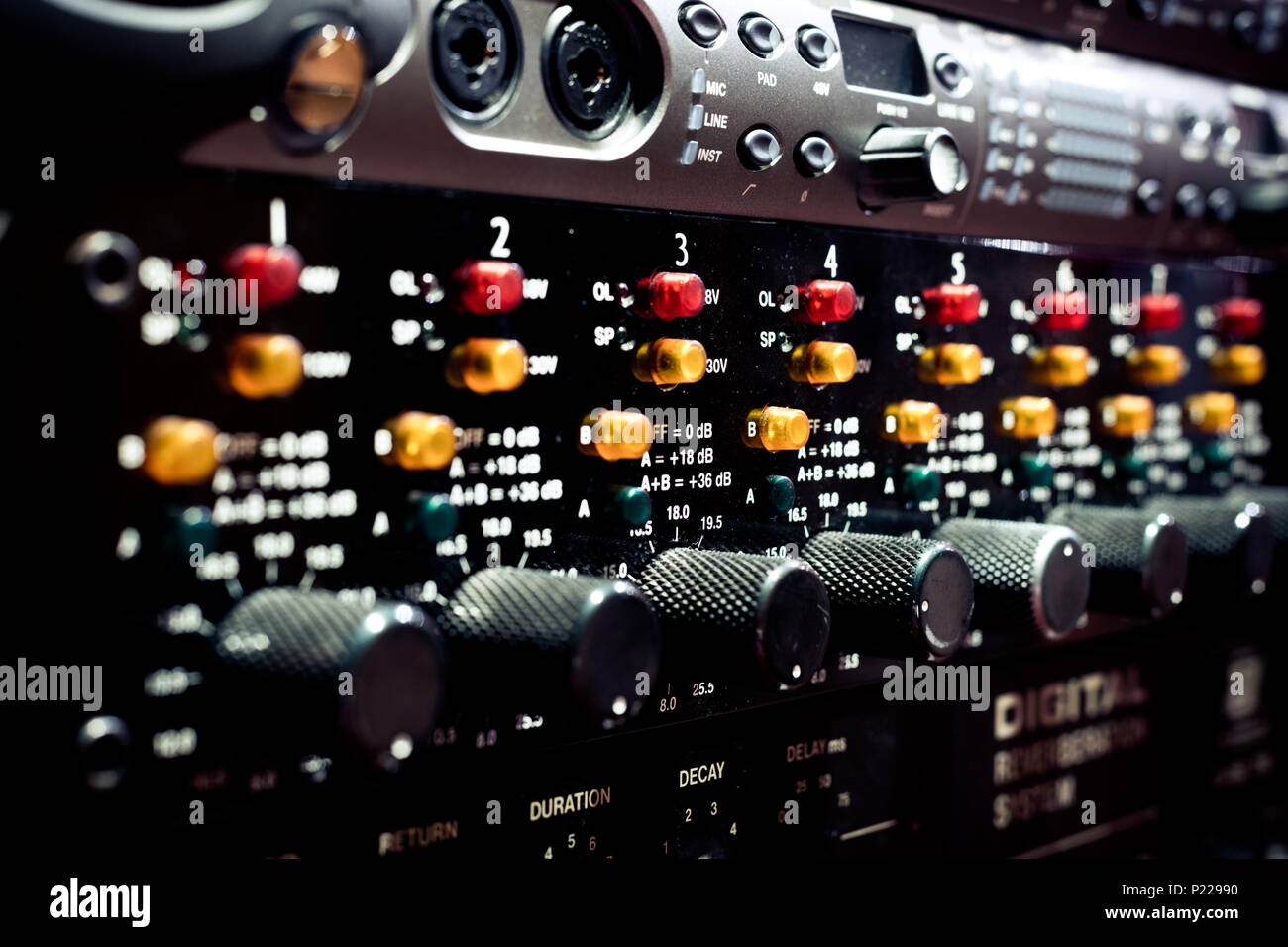 Macro close up of vintage sound studio audio equipment control panel ...