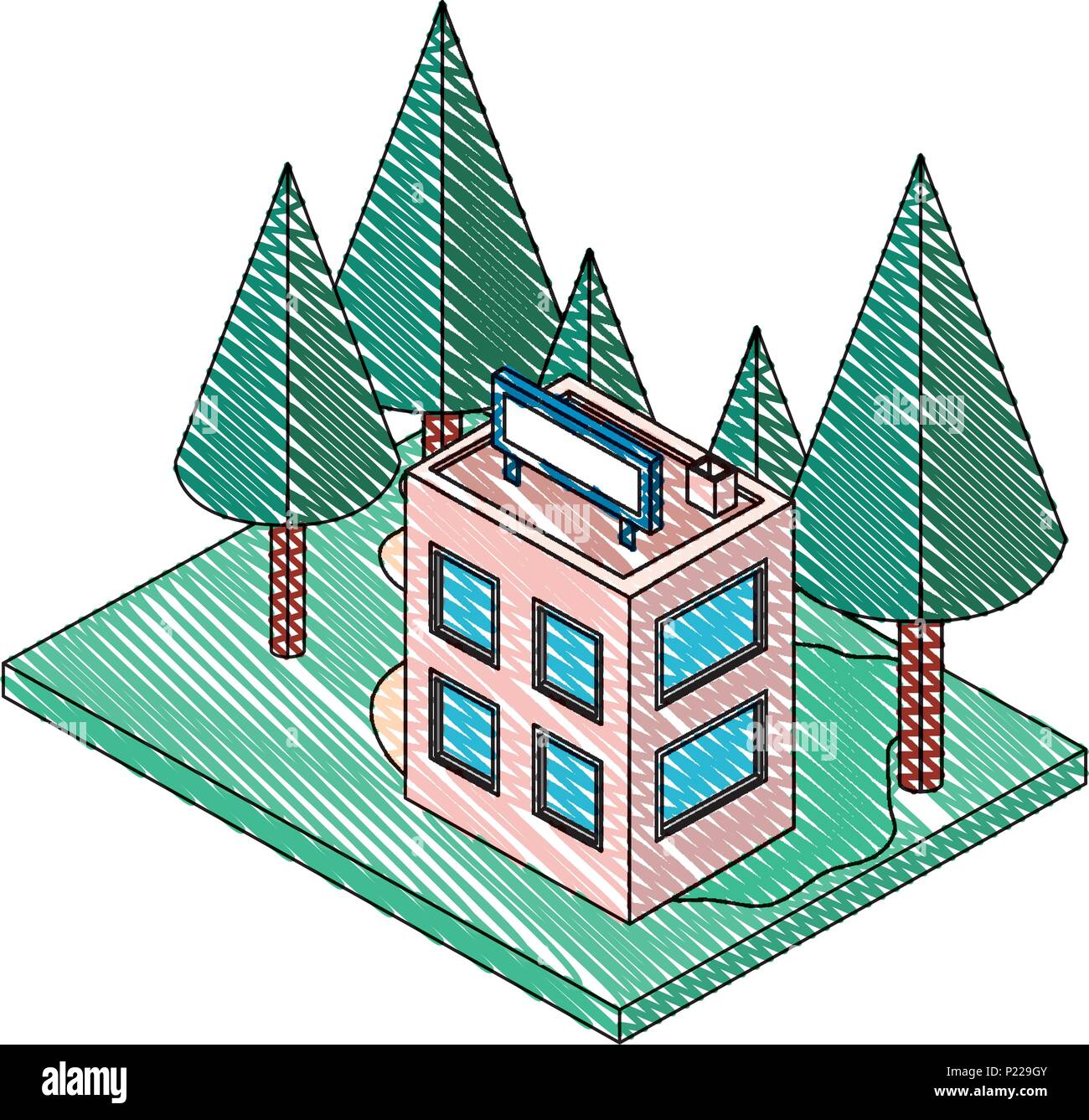 store building exterior with landscape isometric vector illustration ...