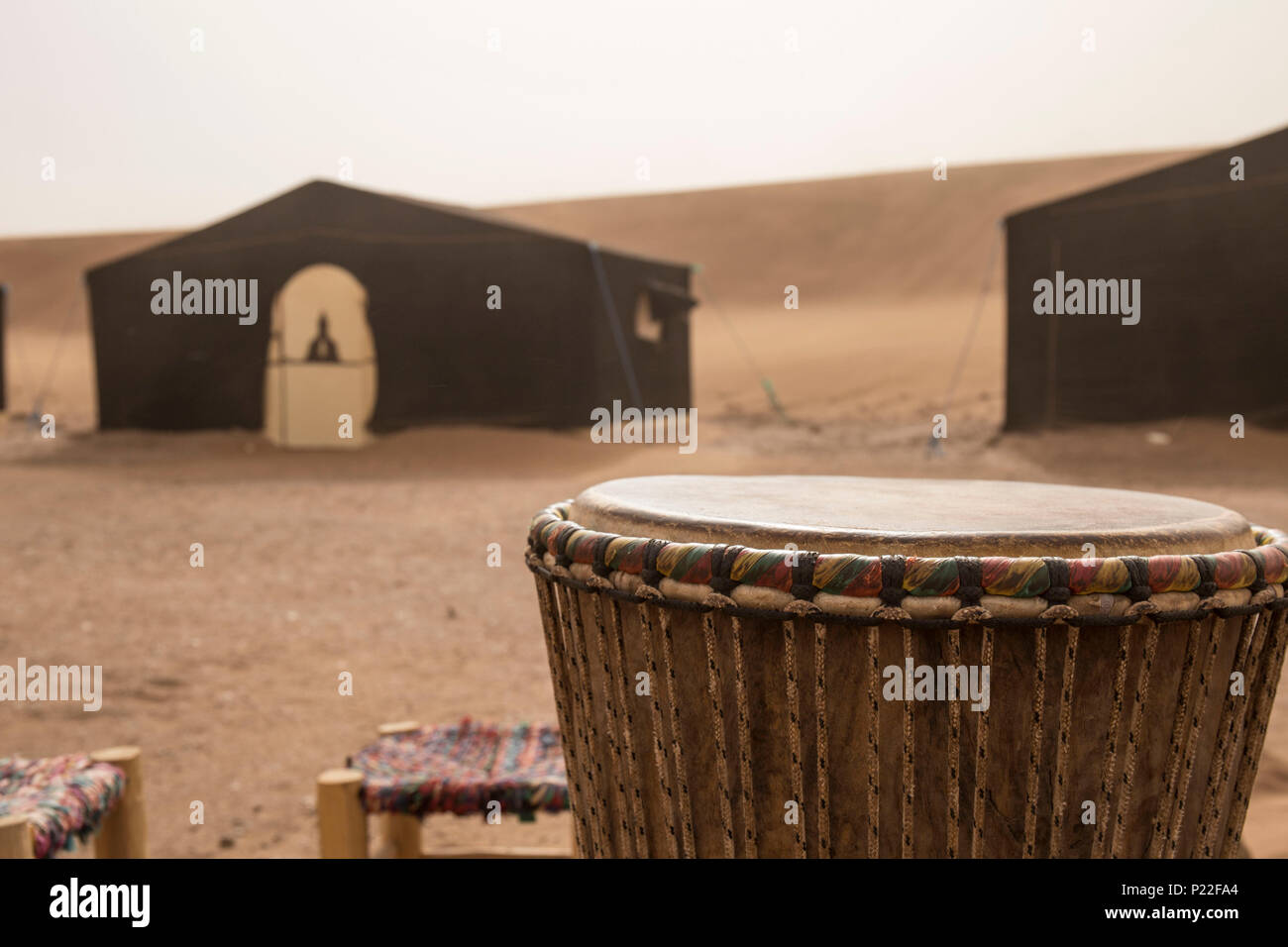 Morocco, Camp in Erg Chegaga of 'Sahara Services', drum Stock Photo - Alamy
