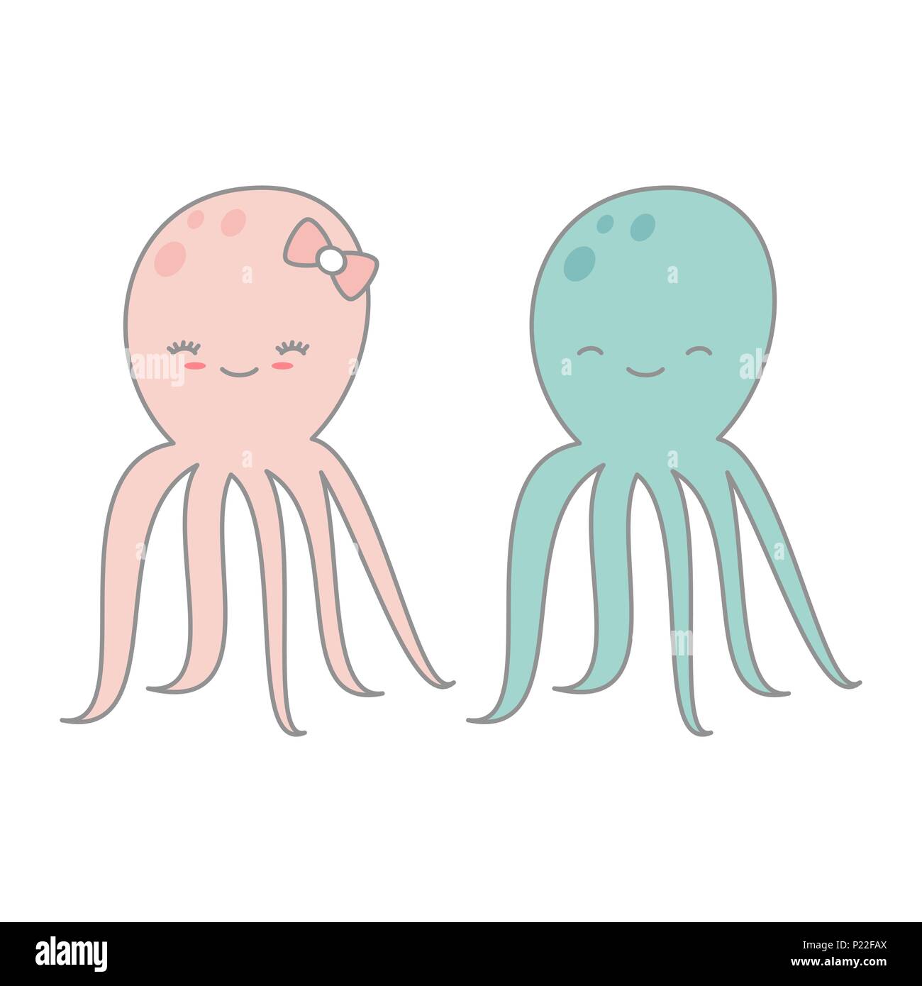 Cute cartoon couple of octopuses. Vector illustration isolated on white ...