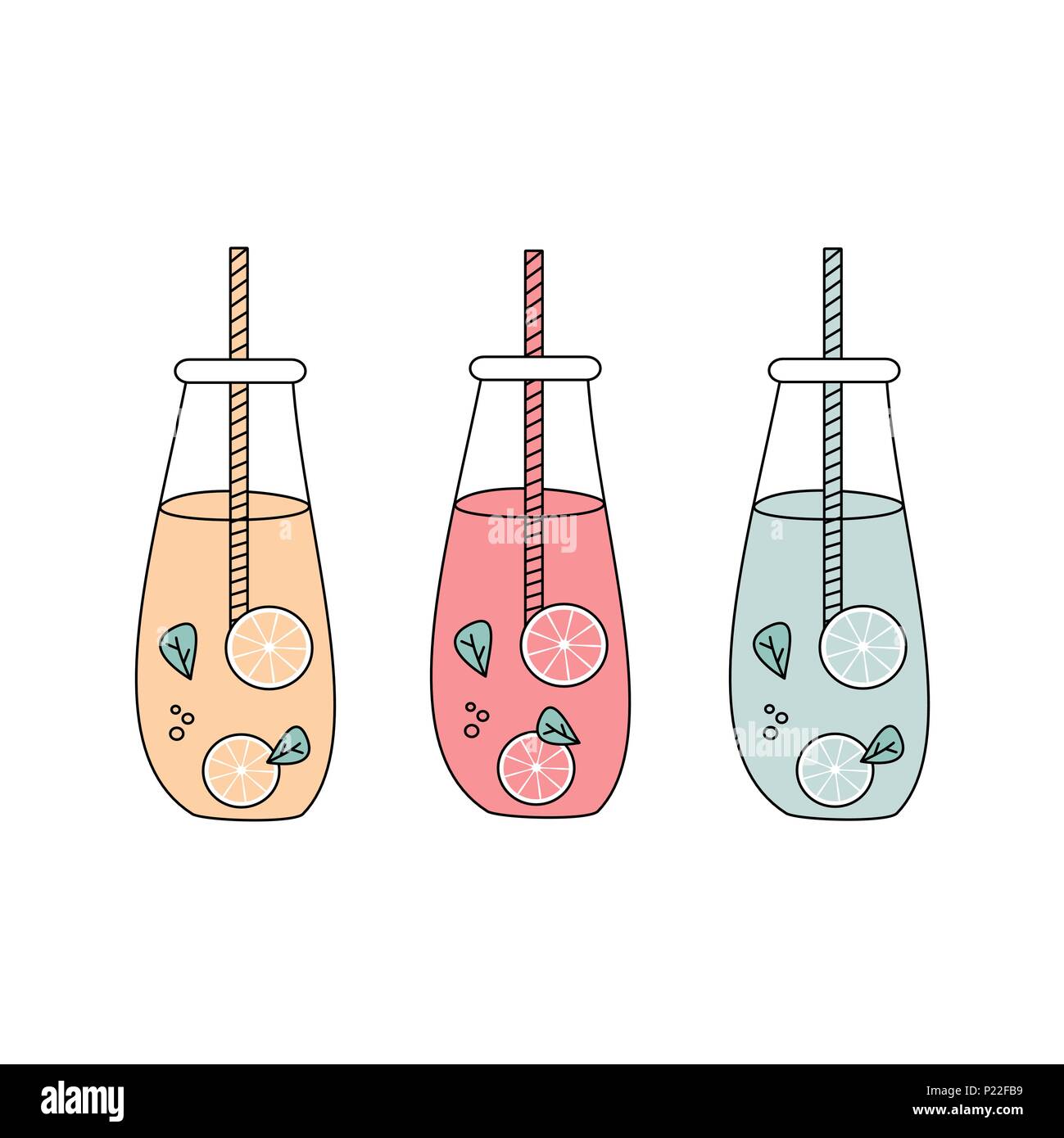 cute cartoon colorful vector set of doodle bottles with tasty fruit ...