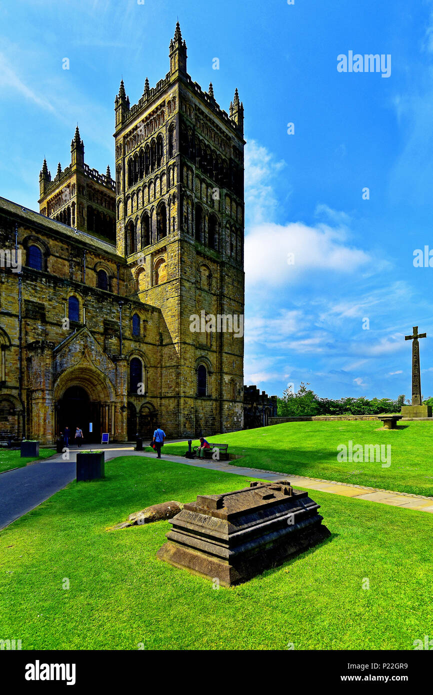 Durham Cathedral front entrance with cross and gravestone Stock Photo ...