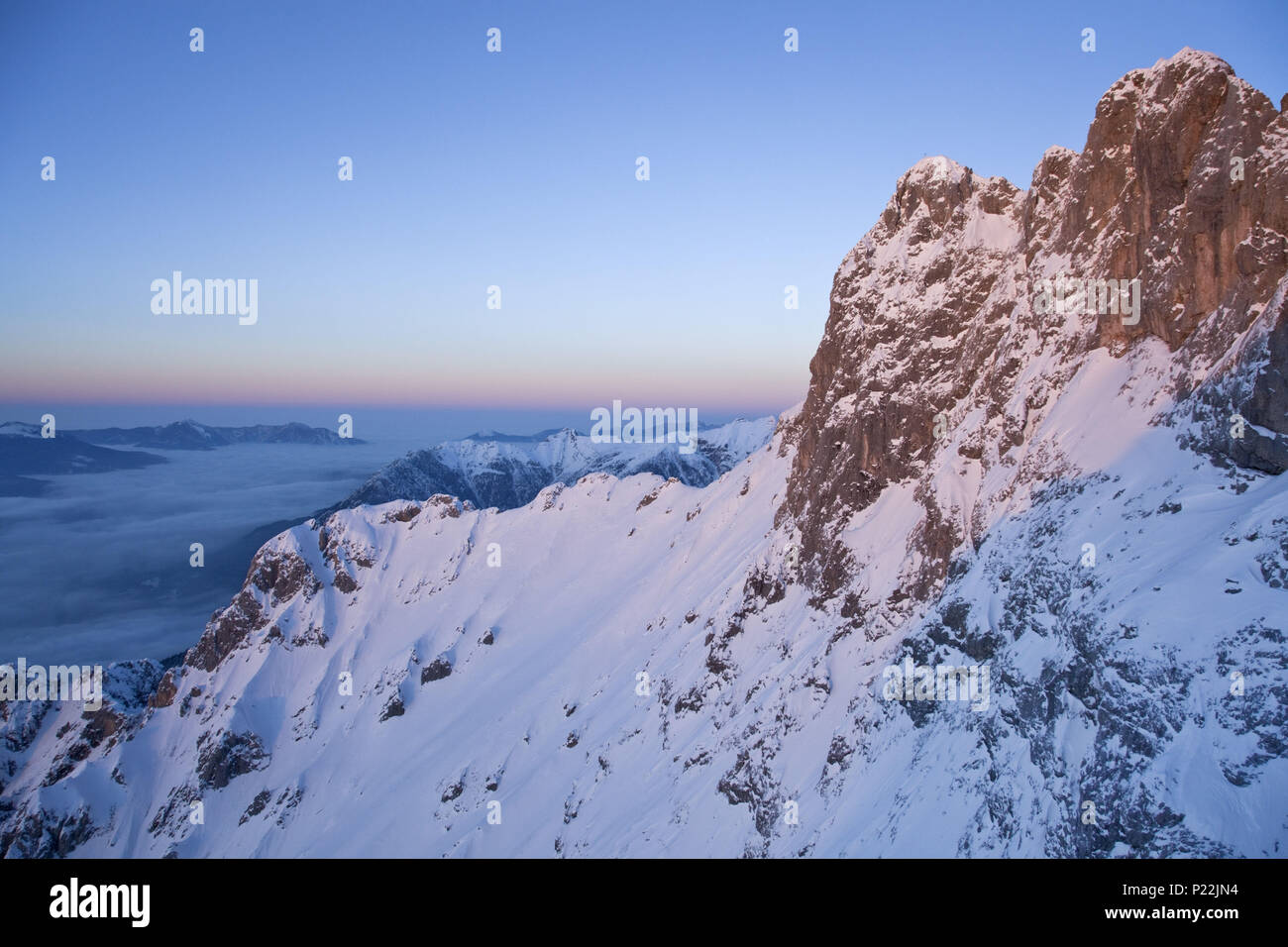 Winter in the Karwendel mountains, sunset, Mittenwald, Bavaria, Germany ...