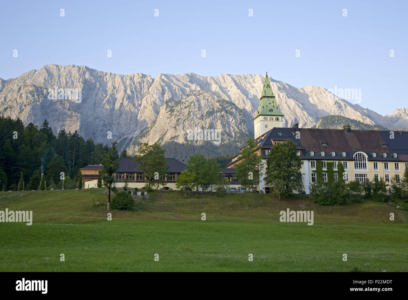 Castle Elmau with Wetterstein mountains, Bavaria, Germany Stock Photo ...
