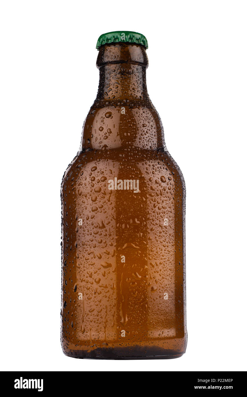 front view closeup of brown cider or beer bottle with no label water ...