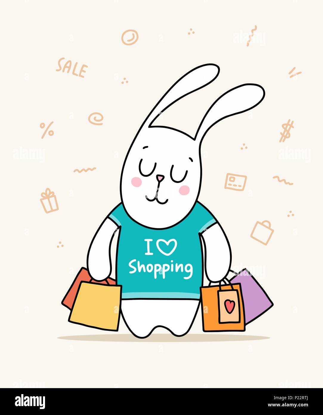 Funny bunny with a lot of colorful packages in green t-shirt. Cartoon ...