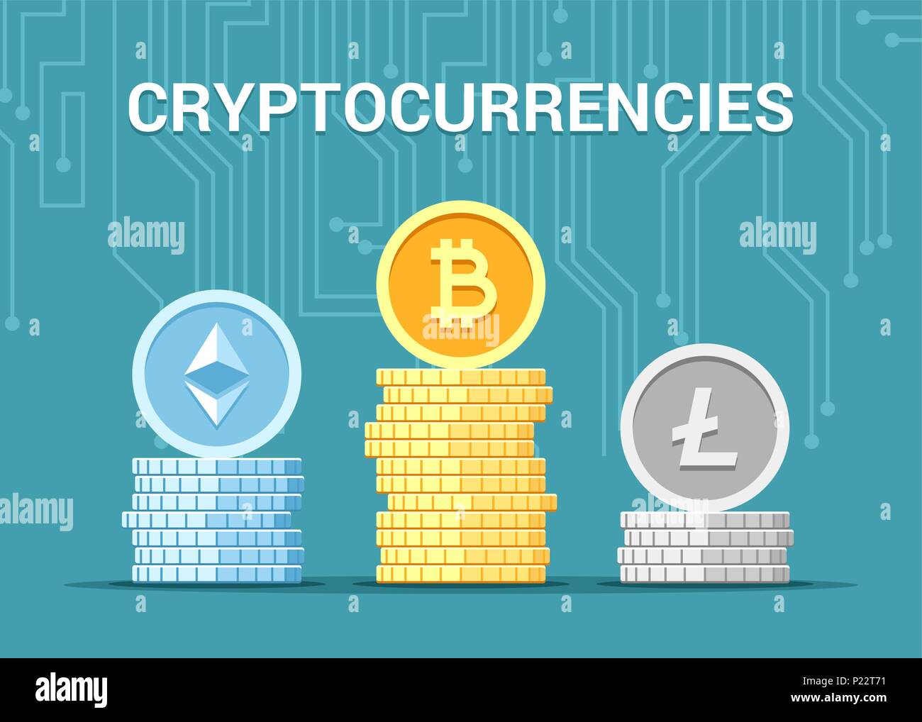 Bitcoin, Litecoin and Ethereum crypto coins in three stacks. Vector ...