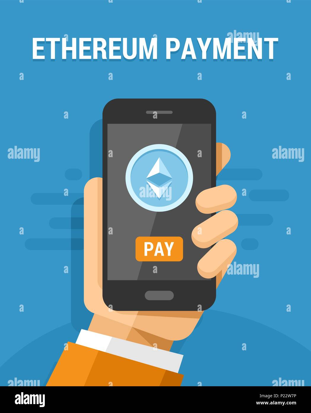 Hand holding smartphone with ethereum currency. Vector flat ...