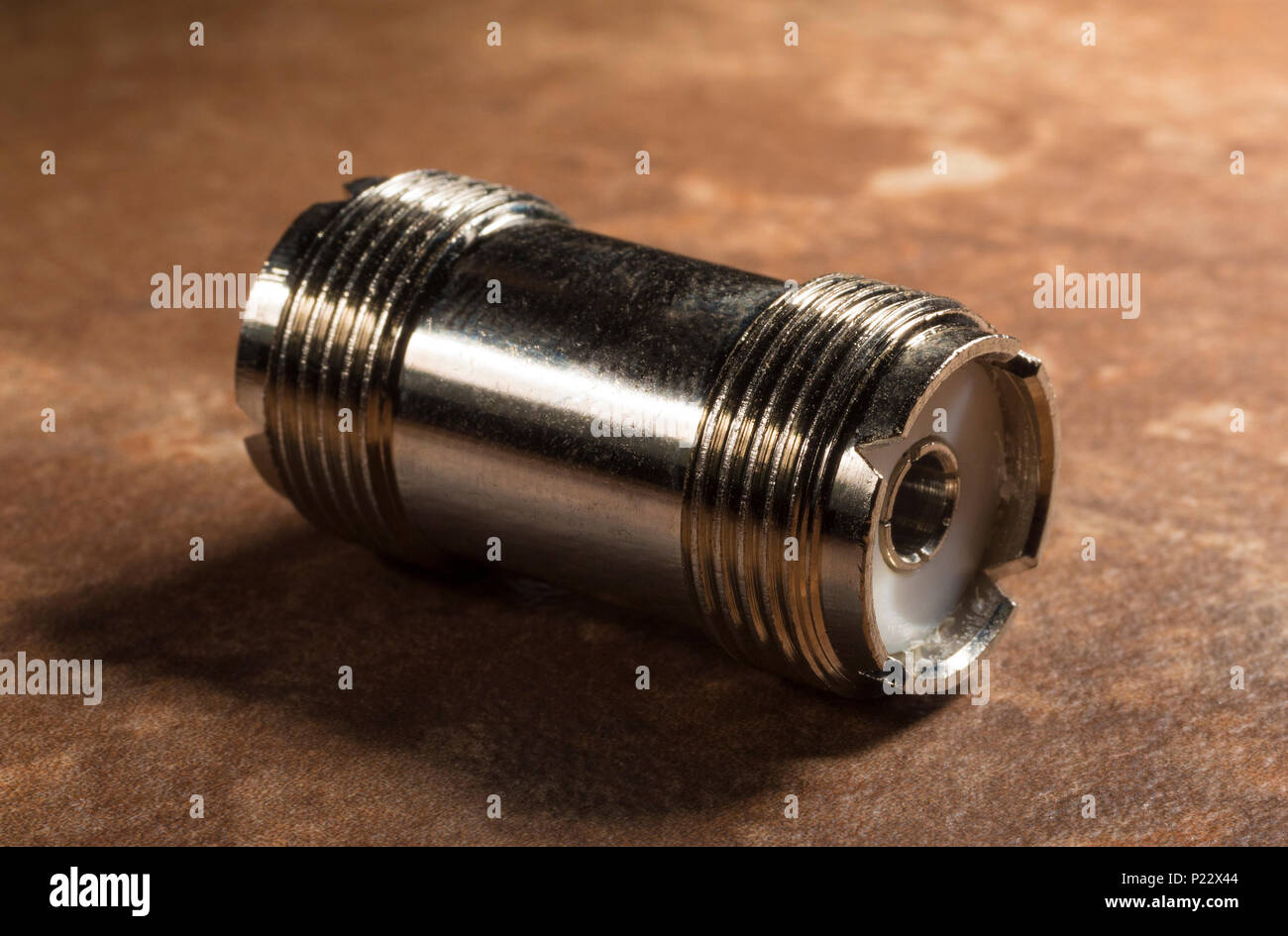 Double sided adapter used for ham and CB radio to join coax cable Stock ...