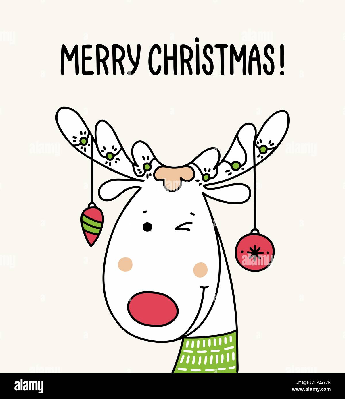 Christmas dear with xmas toys on his horns. Cartoon funny animal vector ...