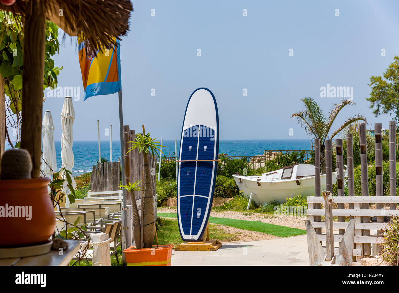 beach shore surfing cafe View of seacoast. Cafe on the street, outdoor ...