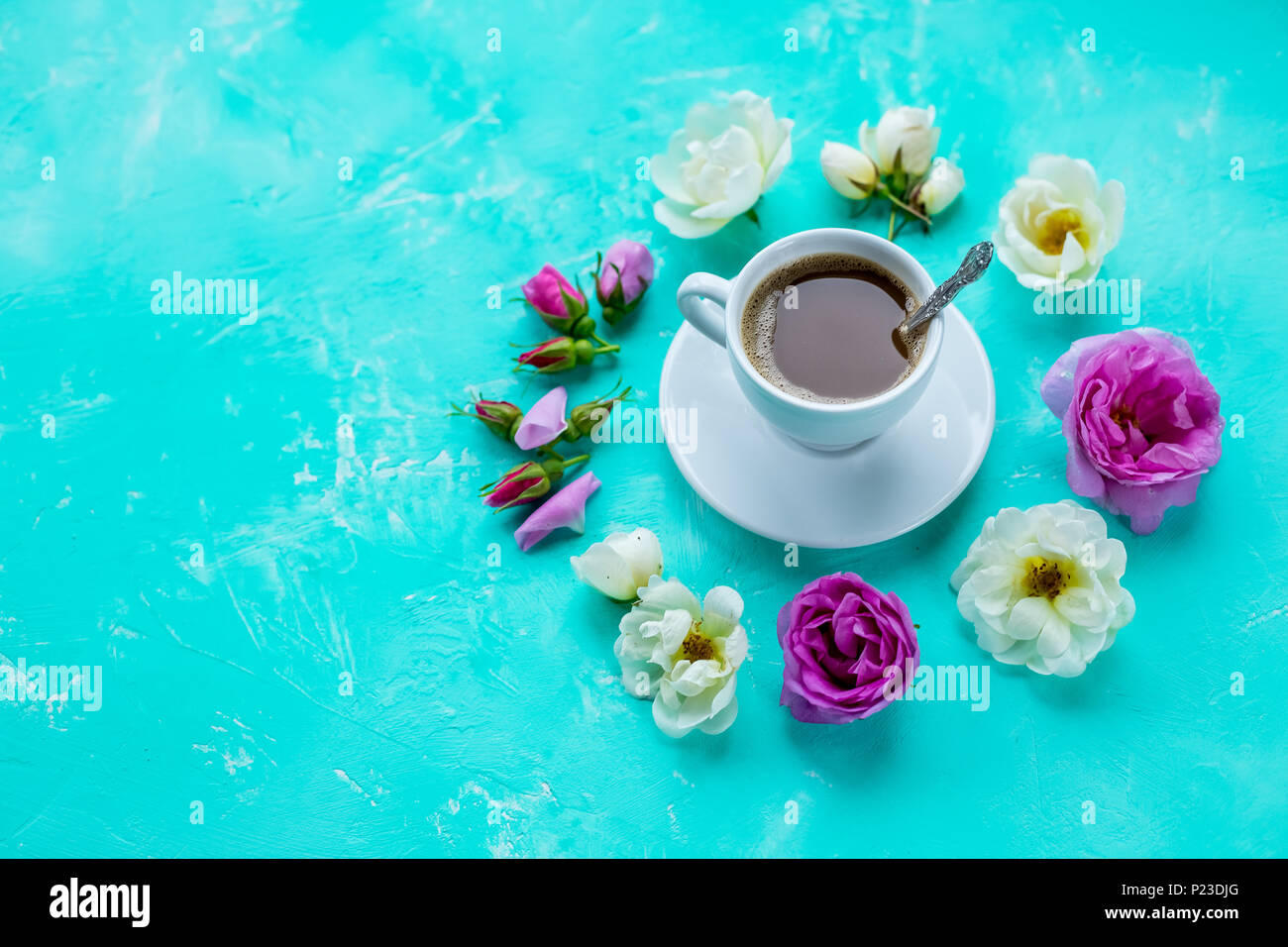 Tasty morning concept. Flat lay of cup of freshly brewed coffee ...