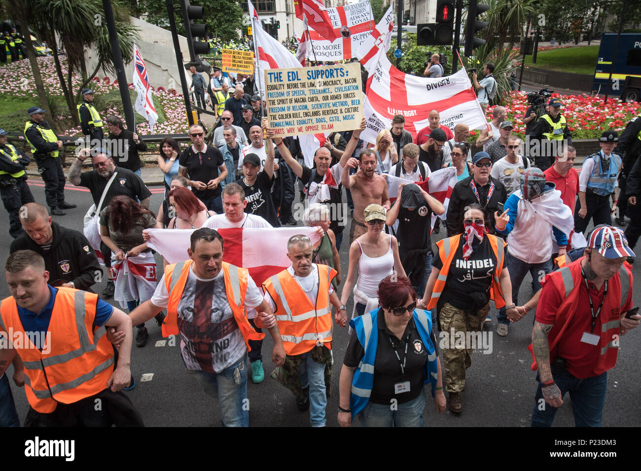 London, July 16th 2016. Up to 150 English Defence League take part in a ...