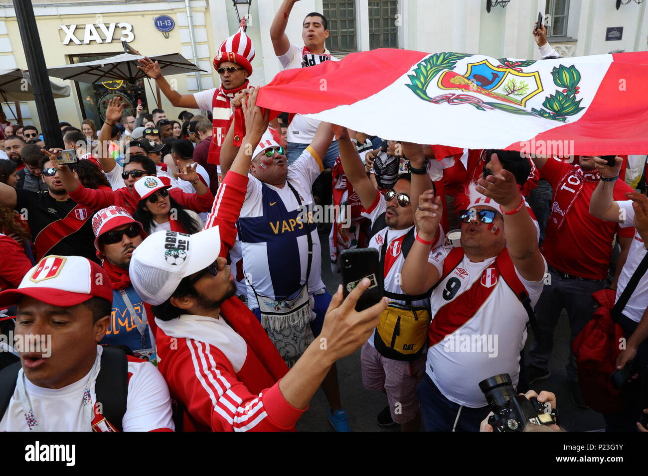 Supporters of the Peruvian national football team in the street near ...