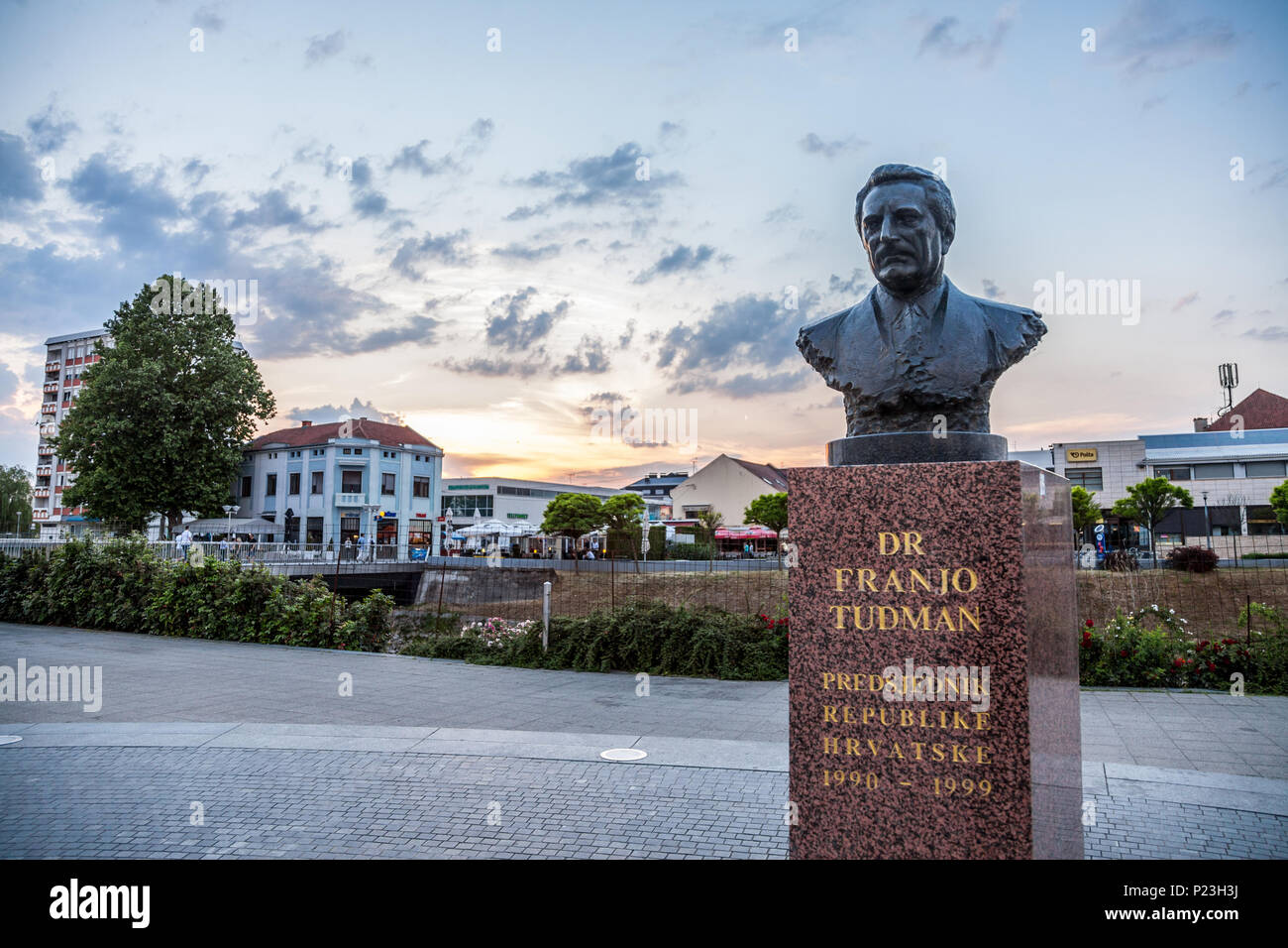 OSIJEK, CROATIA - MAY 12, 2018: Statue of Franjo Tudman in the war torn ...