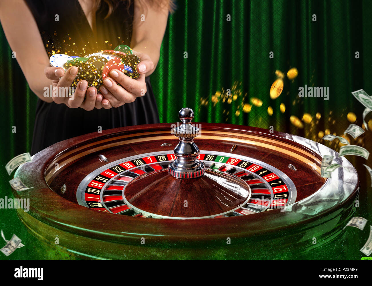 Collage of casino images with a close-up vibrant image of multicolored ...
