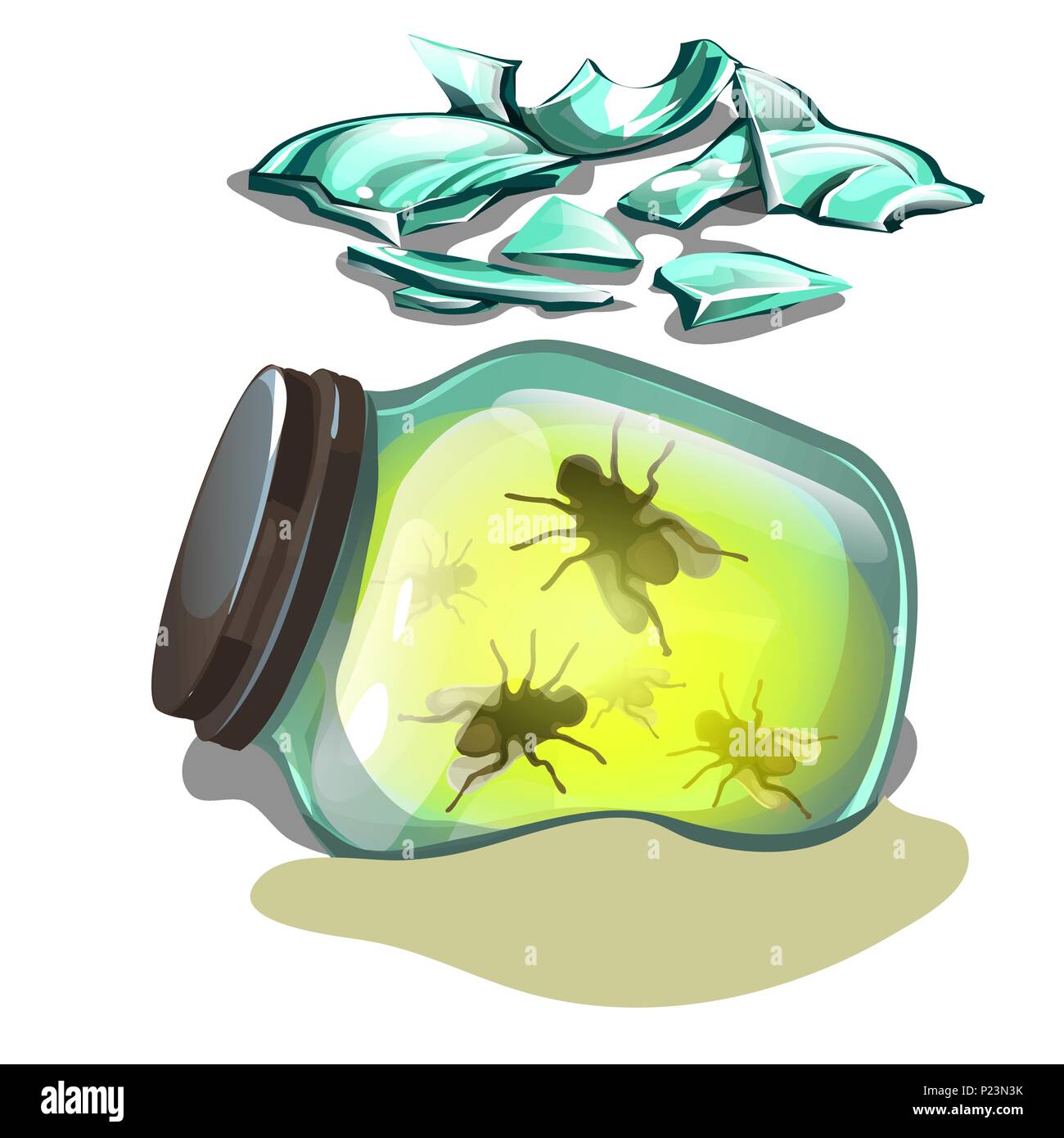 Glass jar with flies lying in the sand. Fragments of broken glass ...