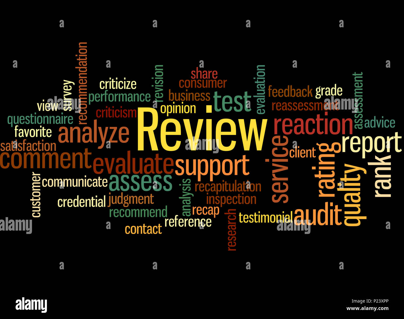Review, word cloud concept on black background Stock Photo - Alamy