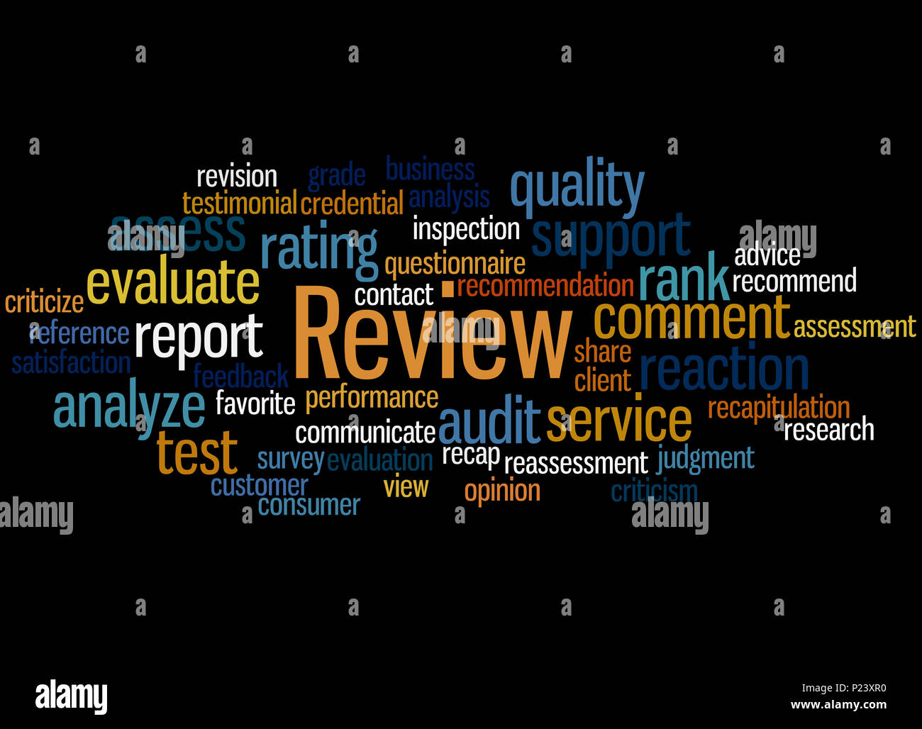 Review, word cloud concept on black background Stock Photo - Alamy