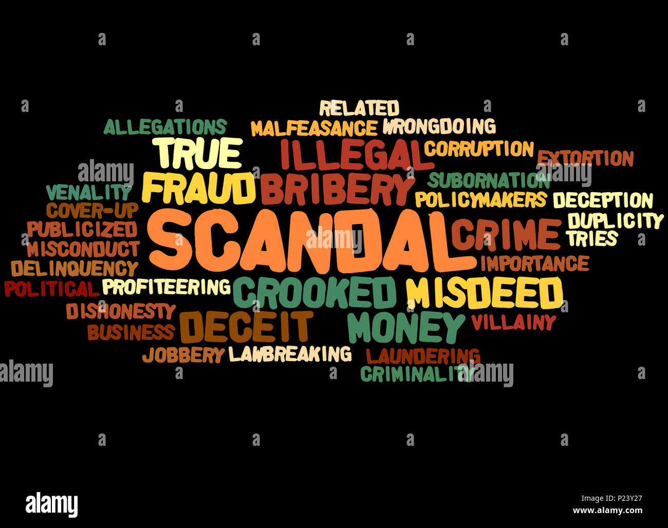 Scandal, word cloud concept on black background Stock Photo - Alamy