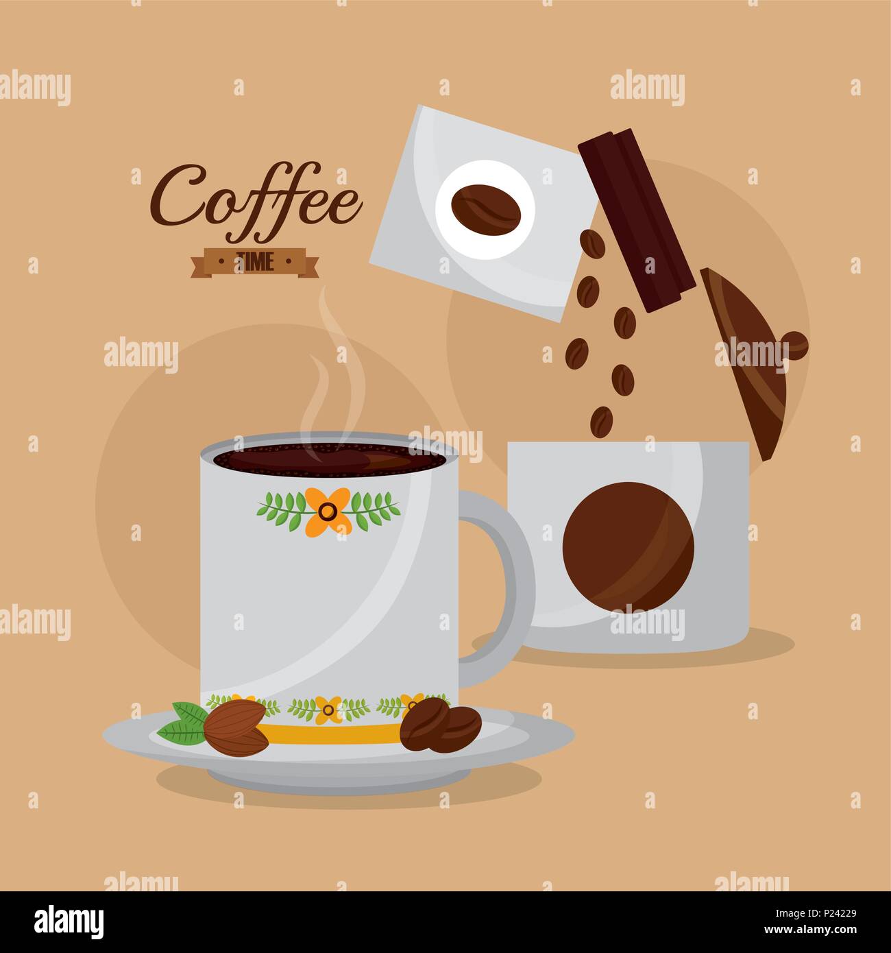 coffee time mug with hot beverage and seeds vector illustration Stock ...